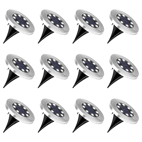 SEVNNES Solar Ground Light 12 Packs, Solar Ground Light Outdoor Waterproof 8 LED Disk Lights for Yard Landscape Lawn Walkway Garden(Cold White)