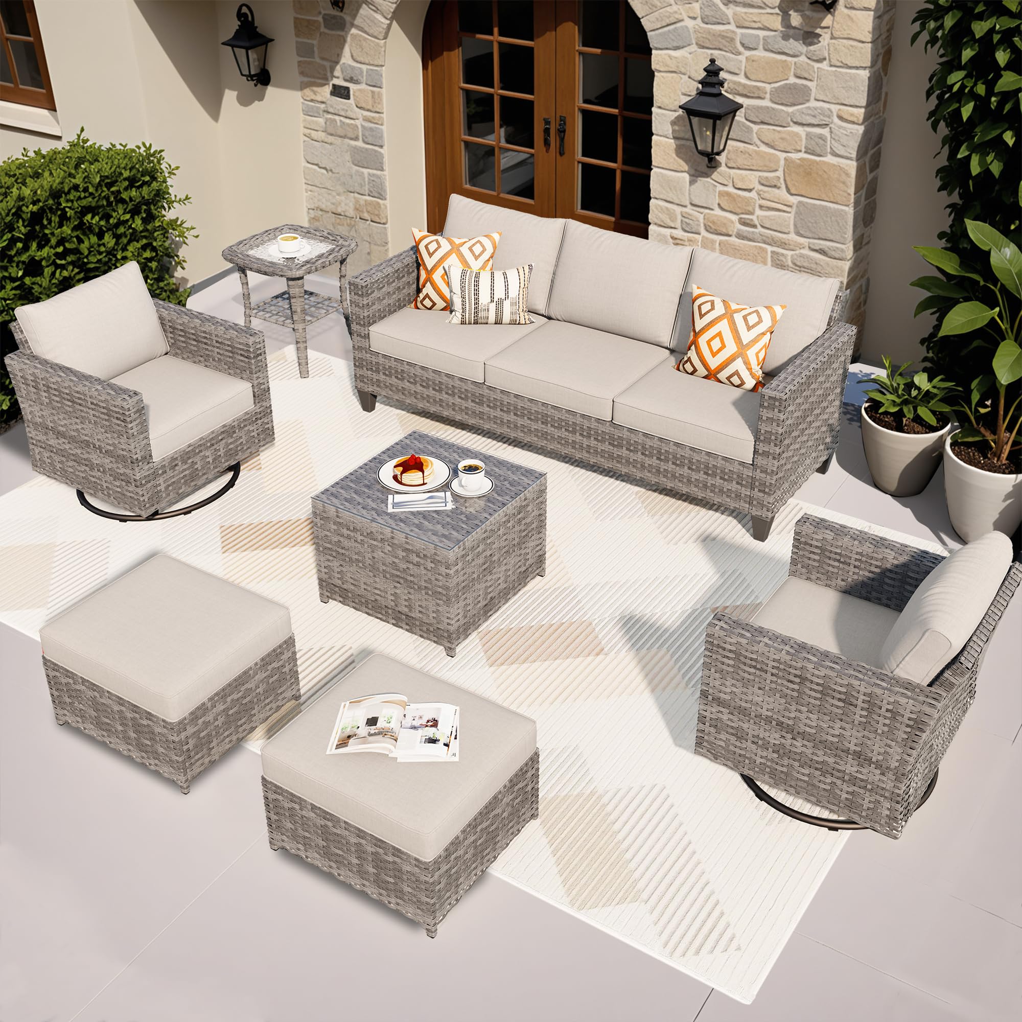 ovios Patio Furniture Set 7-Pieces Outdoor Wicker Sofa with Rocking Swivel Chairs and Coffee Table, High Back Conversation Set for Yard Deck Porch, Beige