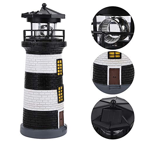LED Solar Power Lighthouse Statue Outdoor Decor Rotating Outdoor Light Garden Yard Lawn Craft Ornament(Black+White)