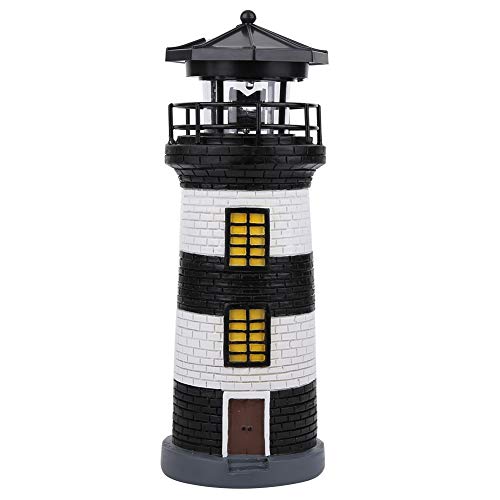 LED Solar Power Lighthouse Statue Outdoor Decor Rotating Outdoor Light Garden Yard Lawn Craft Ornament(Black+White)