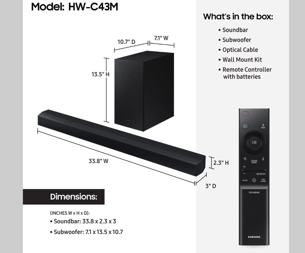 SAMSUNG 2.1Ch 210W Soundbar with Wireless Subwoofer - Black HW-C43M