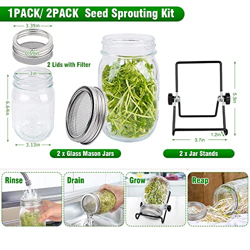 Seeds Sprouting Kit, 2-Pack Mason Jar Germination Growing Kit with Stainless Steel Mesh Lids and Stands, Wide Mouth Jars Germinator, Indoor Seed Sprouter Set for Broccoli Beans Microgreens Sprouts