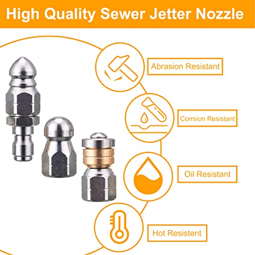 PWACCS Sewer Jetter Nozzle for Pressure Washer, Stainless Steel Drain Cleaning Tips for Power Washer, 3 Pieces, Button Nose Jet Nozzle, Rotating Flat Jetting Nozzle and Drain Jet Hose Nozzle, 5000 psi