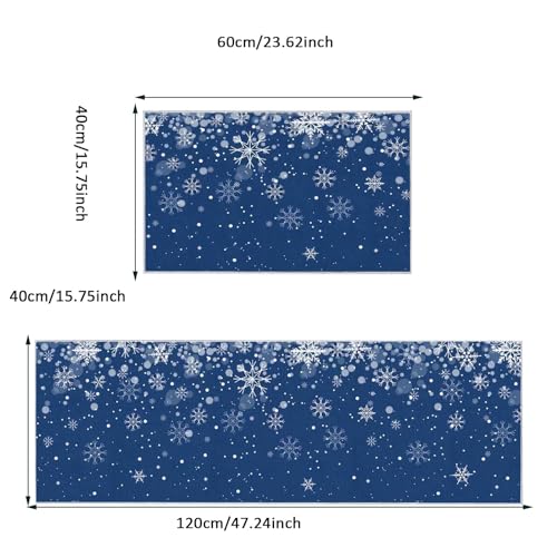 Christmas Kitchen Rugs and Mats Set of 2, Non-Slip Blue Snowflake Rugs Kitchen Mats Snowflake Doormat for Winter Holiday Kitchen Decorations Washable Runner for Xmas Home Decor (17"x47"+16"x24")
