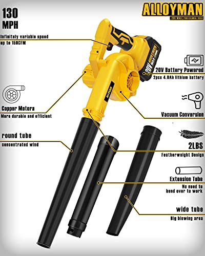 ALLOYMAN Leaf Blower, 20V Cordless Leaf Blower, with 2 X 4.0Ah Battery & Charger, 2-in-1 Electric Leaf Blower & Vacuum for Yard Cleaning/Snow Blowing.