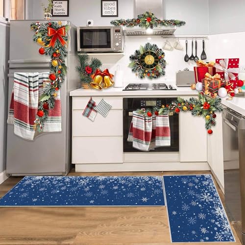 Christmas Kitchen Rugs and Mats Set of 2, Non-Slip Blue Snowflake Rugs Kitchen Mats Snowflake Doormat for Winter Holiday Kitchen Decorations Washable Runner for Xmas Home Decor (17"x47"+16"x24")