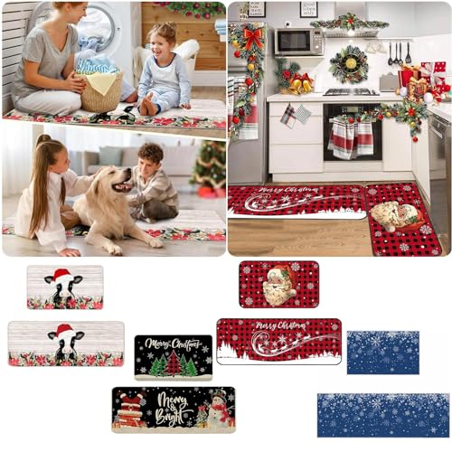 Christmas Kitchen Rugs and Mats Set of 2, Non-Slip Blue Snowflake Rugs Kitchen Mats Snowflake Doormat for Winter Holiday Kitchen Decorations Washable Runner for Xmas Home Decor (17"x47"+16"x24")