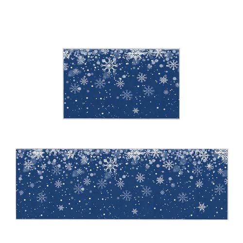 Christmas Kitchen Rugs and Mats Set of 2, Non-Slip Blue Snowflake Rugs Kitchen Mats Snowflake Doormat for Winter Holiday Kitchen Decorations Washable Runner for Xmas Home Decor (17"x47"+16"x24")