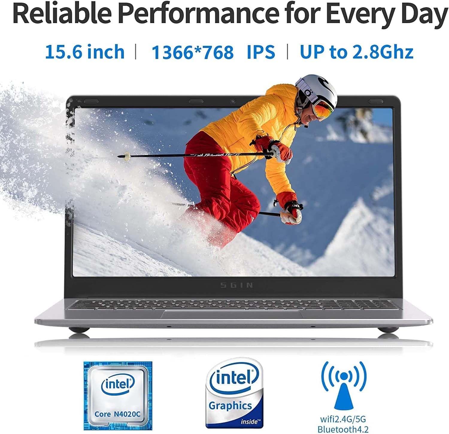 SGIN 15.6 Inch Laptop with 4GB DDR4 RAM+128GB SSD, Intel Celeron Quad Core Processor, Intel UHD Graphics 600, Mini HDMI, Webcam, WiFi, Bluetooth 4.2, USB3.0