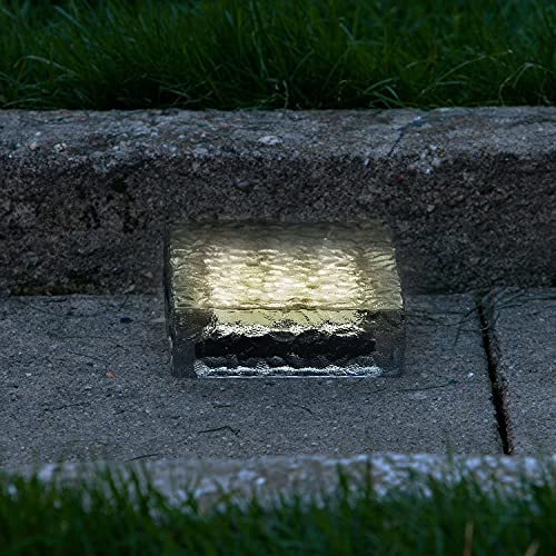 Solar Powered Glass Brick - 6x6 Square, Outdoor Landscape Light, 5 Warm White LED Lights, Built-in Solar Panel, Dusk to Dawn Timer, Garden Walkway Lighting - Rechargeable Battery Included