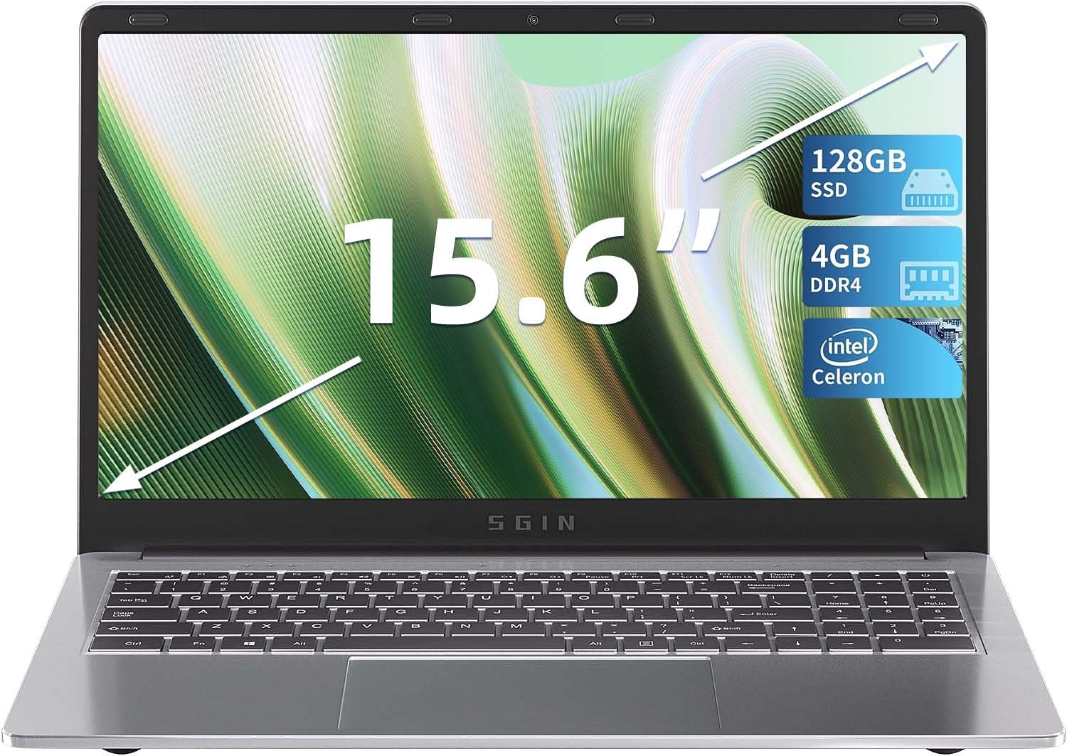 SGIN 15.6 Inch Laptop with 4GB DDR4 RAM+128GB SSD, Intel Celeron Quad Core Processor, Intel UHD Graphics 600, Mini HDMI, Webcam, WiFi, Bluetooth 4.2, USB3.0