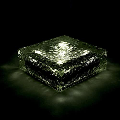 Solar Powered Glass Brick - 6x6 Square, Outdoor Landscape Light, 5 Warm White LED Lights, Built-in Solar Panel, Dusk to Dawn Timer, Garden Walkway Lighting - Rechargeable Battery Included