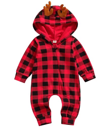 LIOMENGZI Christmas Baby Girl Boy Romper Clothes Red Plaid Checked Hooded Bodysuit Jumpsuit Xmas Toddler Baby Xmas 1st Outfit (Red, 6-12 Months)