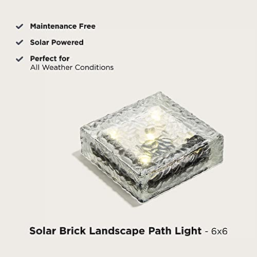 Solar Powered Glass Brick - 6x6 Square, Outdoor Landscape Light, 5 Warm White LED Lights, Built-in Solar Panel, Dusk to Dawn Timer, Garden Walkway Lighting - Rechargeable Battery Included