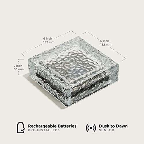 Solar Powered Glass Brick - 6x6 Square, Outdoor Landscape Light, 5 Warm White LED Lights, Built-in Solar Panel, Dusk to Dawn Timer, Garden Walkway Lighting - Rechargeable Battery Included