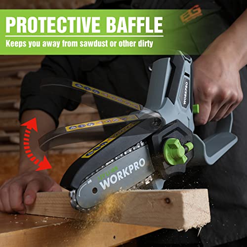 WORKPRO Mini Chainsaw, 6.3“ Cordless Electric Compact Chain Saw with 2 Batteries, One-Hand Operated Portable Wood Saw with 2 Replacement Guide Bar and 4 Chain for Garden Tree Branch Pruning, Wood Cutt