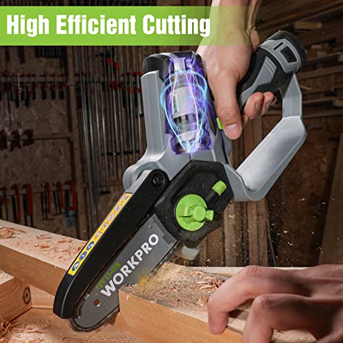 WORKPRO Mini Chainsaw, 6.3“ Cordless Electric Compact Chain Saw with 2 Batteries, One-Hand Operated Portable Wood Saw with 2 Replacement Guide Bar and 4 Chain for Garden Tree Branch Pruning, Wood Cutt