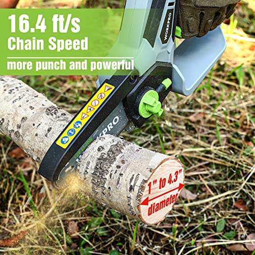 WORKPRO Mini Chainsaw, 6.3“ Cordless Electric Compact Chain Saw with 2 Batteries, One-Hand Operated Portable Wood Saw with 2 Replacement Guide Bar and 4 Chain for Garden Tree Branch Pruning, Wood Cutt