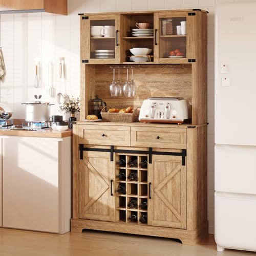 ARTPOWER Coffeee Bar Cabinet with Wine&Glass Racks, 72" Hutch Storage Cabinet with Farmhouse Sliding Barn Door, Kitchen Pantry Buffet Cabinet with Drawers for Dining Room, Oak