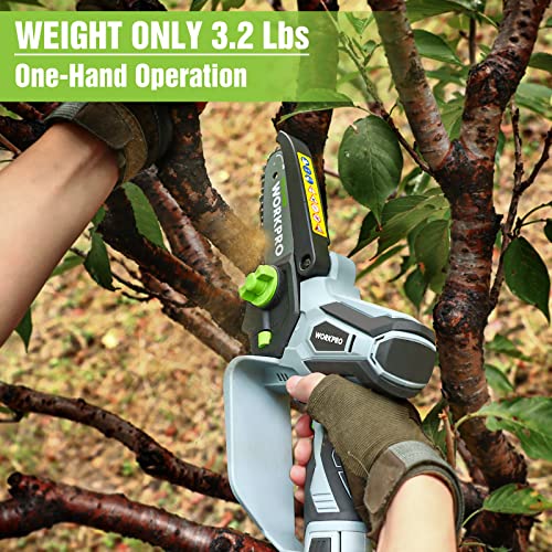 WORKPRO Mini Chainsaw, 6.3“ Cordless Electric Compact Chain Saw with 2 Batteries, One-Hand Operated Portable Wood Saw with 2 Replacement Guide Bar and 4 Chain for Garden Tree Branch Pruning, Wood Cutt