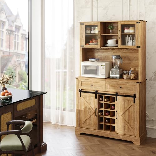 ARTPOWER Coffeee Bar Cabinet with Wine&Glass Racks, 72" Hutch Storage Cabinet with Farmhouse Sliding Barn Door, Kitchen Pantry Buffet Cabinet with Drawers for Dining Room, Oak