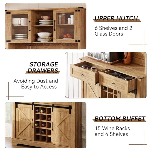 ARTPOWER Coffeee Bar Cabinet with Wine&Glass Racks, 72" Hutch Storage Cabinet with Farmhouse Sliding Barn Door, Kitchen Pantry Buffet Cabinet with Drawers for Dining Room, Oak
