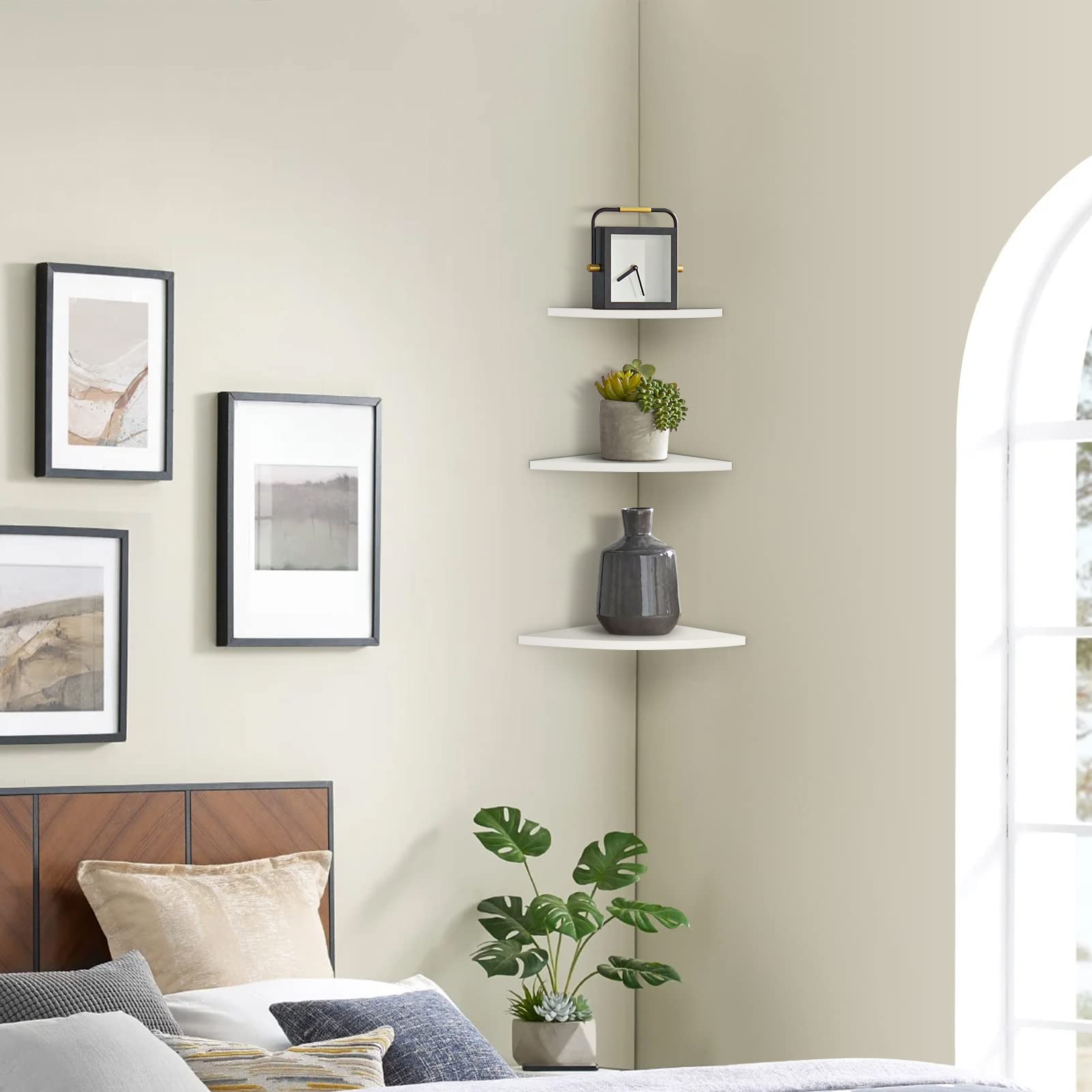 VINGVO Corner Shelves Wall Mount, White Floating Corner Shelf, Wall Corner Shelf Set of 3, Wall Corner Shelf Storage and Display for Bathroom Kitchen Countertop Closet