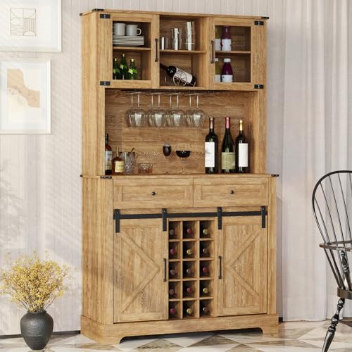 ARTPOWER Coffeee Bar Cabinet with Wine&Glass Racks, 72" Hutch Storage Cabinet with Farmhouse Sliding Barn Door, Kitchen Pantry Buffet Cabinet with Drawers for Dining Room, Oak