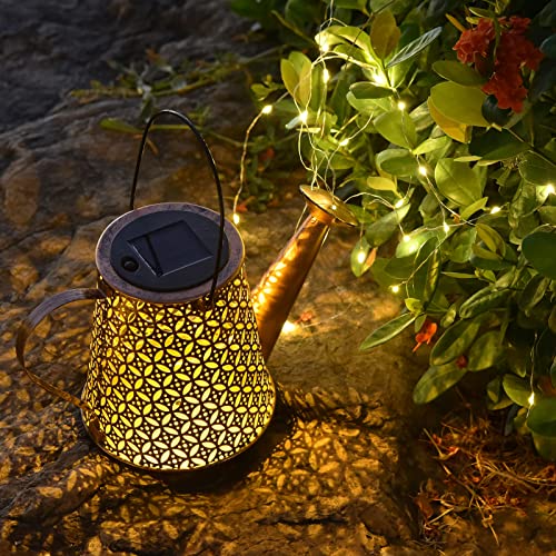 Watering can with Garden Decor Lights,Solar Lantern Outdoor Hanging Waterproof, Outdoor Decorative Retro Metal Solar Lights for Garden Table Patio Yard Pathway Walkway,Large