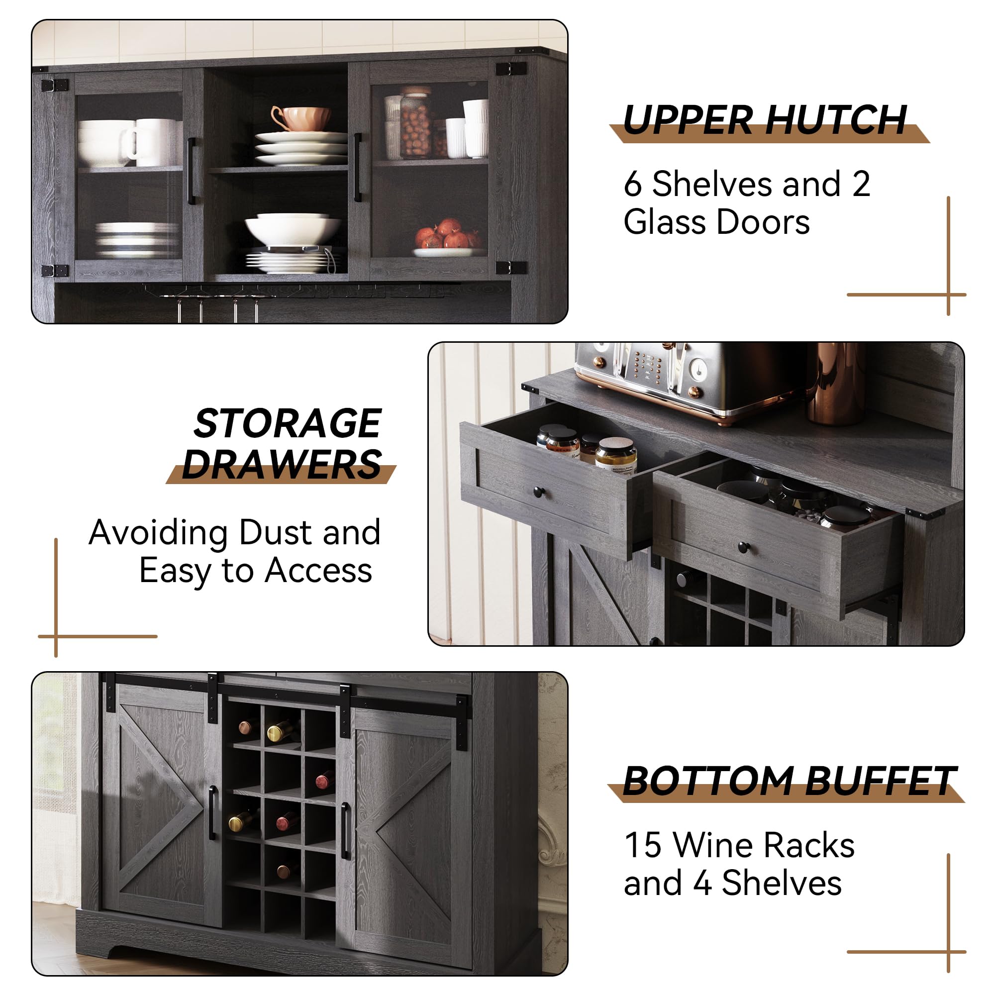 ARTPOWER Wine Bar Cabinet with Sliding Barn Door, 72" Hutch Cabinet with Wine&Glasses Rack, Tall Farmhouse Kitchen Pantry Buffet Cabinet with Drawers for Dining Room, Gray