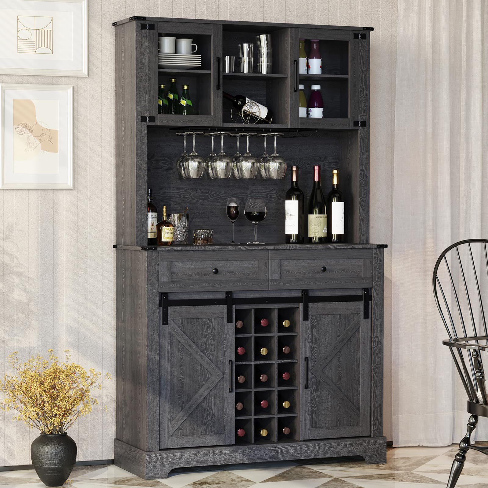 ARTPOWER Wine Bar Cabinet with Sliding Barn Door, 72" Hutch Cabinet with Wine&Glasses Rack, Tall Farmhouse Kitchen Pantry Buffet Cabinet with Drawers for Dining Room, Gray