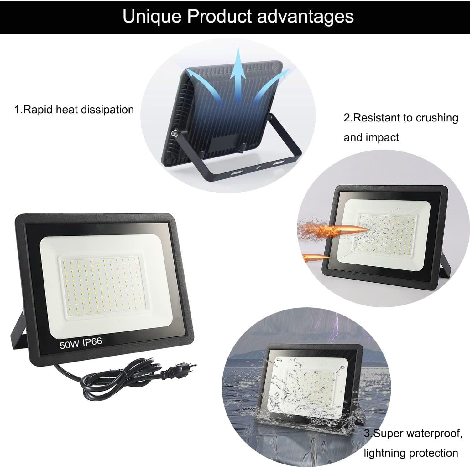 garageangle 4Pack LED Flood Light Outdoor,50W LED Work Light 5500lm with 6FT US Plug,IP66 Waterproof Exterior Security Lights,6000K Daylight White Outside Floodlights Slim Design for Playground Yard