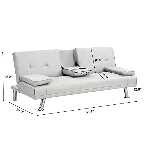 Verfur Button Tufted Convertible Futon Sofa, Foldable Reversible Loveseat Sleeper Couch w/Adjustable Backrest,Comfy Small Daybed Guest Bed Sofabed, White PU