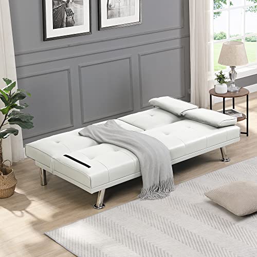 Verfur Button Tufted Convertible Futon Sofa, Foldable Reversible Loveseat Sleeper Couch w/Adjustable Backrest,Comfy Small Daybed Guest Bed Sofabed, White PU