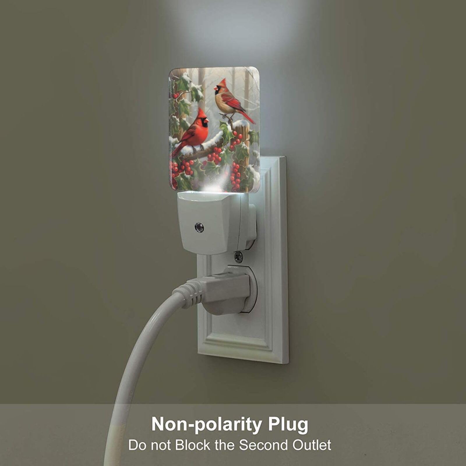 Christmas Red Birds Night Light Set of 2, Winter Snow Auto Sensor LED Dusk-to-Dawn Nightlights, Plug-in Sensor Lamp for Bedroom Bathroom Kitchen Hallway Stairs Decorative
