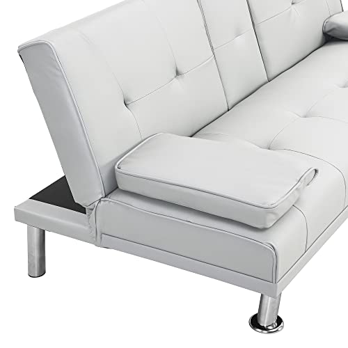 Verfur Button Tufted Convertible Futon Sofa, Foldable Reversible Loveseat Sleeper Couch w/Adjustable Backrest,Comfy Small Daybed Guest Bed Sofabed, White PU