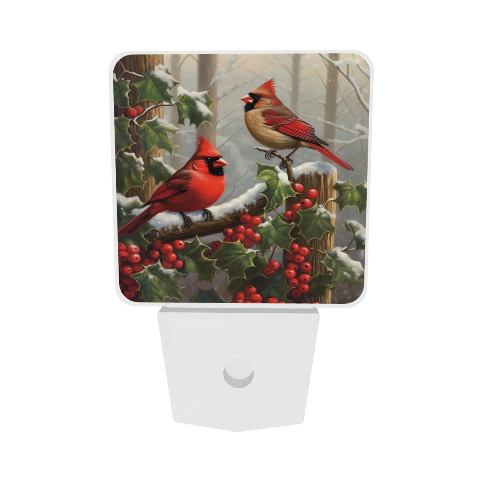 Christmas Red Birds Night Light Set of 2, Winter Snow Auto Sensor LED Dusk-to-Dawn Nightlights, Plug-in Sensor Lamp for Bedroom Bathroom Kitchen Hallway Stairs Decorative