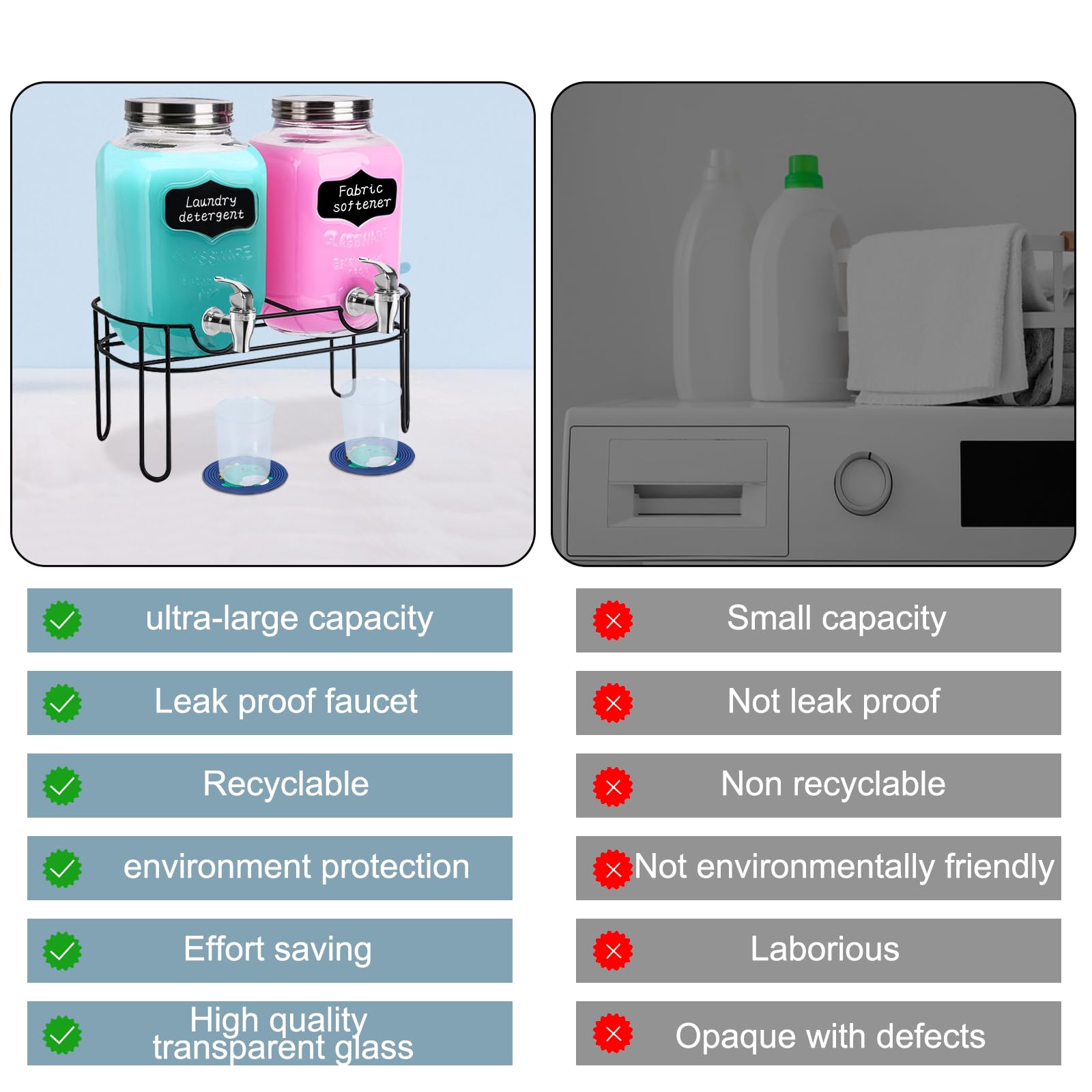 2-Pack 1 Gallon Glass Laundry Detergent Dispenser Set with Bamboo Lids and Stand - Liquid Soap and Fabric Softener Dispensers with Spigots, Cups, Labels and Mats, Laundry Room Organization and Storage