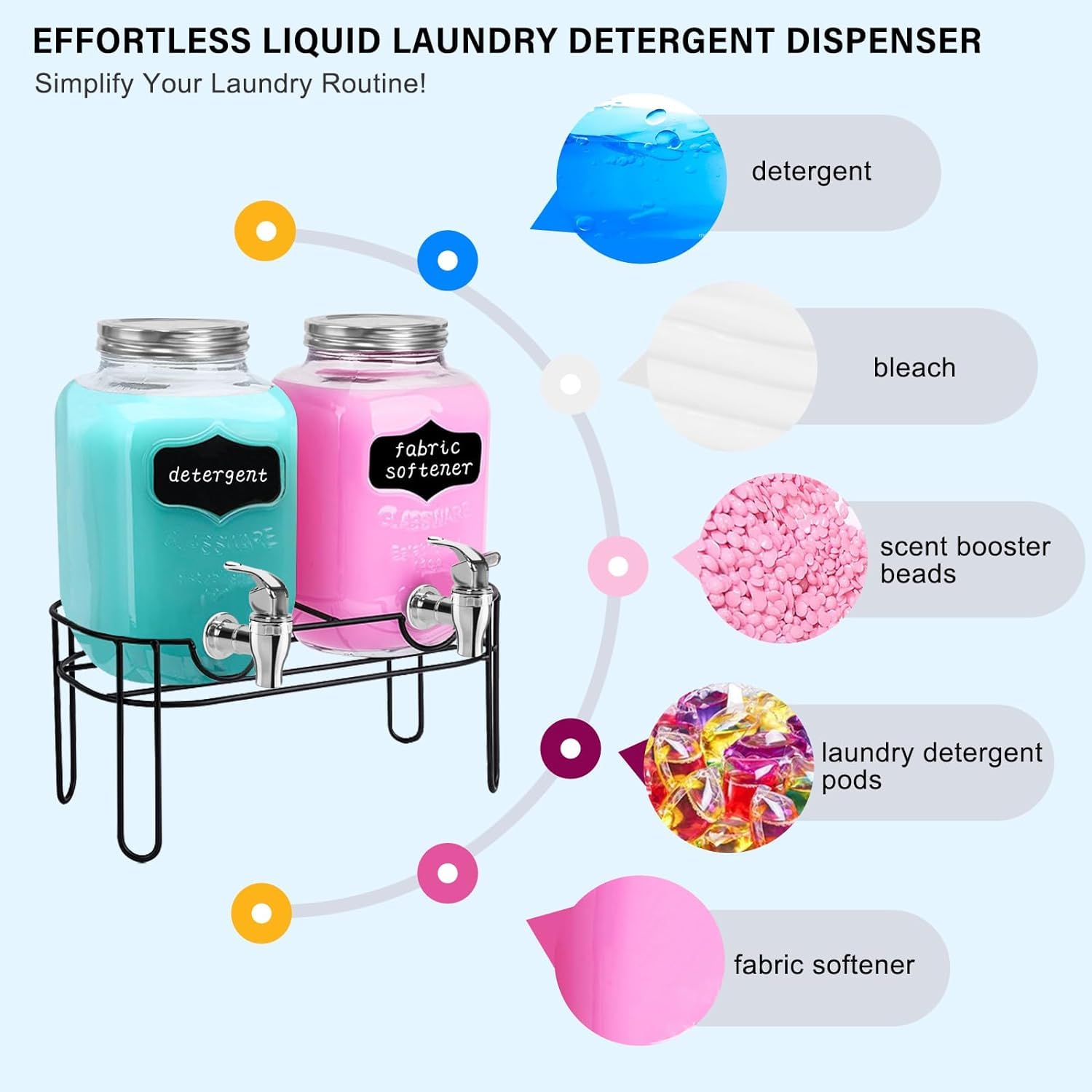2-Pack 1 Gallon Glass Laundry Detergent Dispenser Set with Bamboo Lids and Stand - Liquid Soap and Fabric Softener Dispensers with Spigots, Cups, Labels and Mats, Laundry Room Organization and Storage