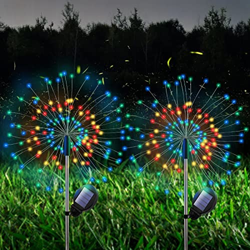 MEKAFU 2 Pack Solar Firework Lights, 120 LED Waterproof Garden Light Outdoor Decorative, DIY Copper Wire Solar Lamp with 8 Modes, Solar Lights for Garden Yard Patio Path Festivals Parties (Colorful)