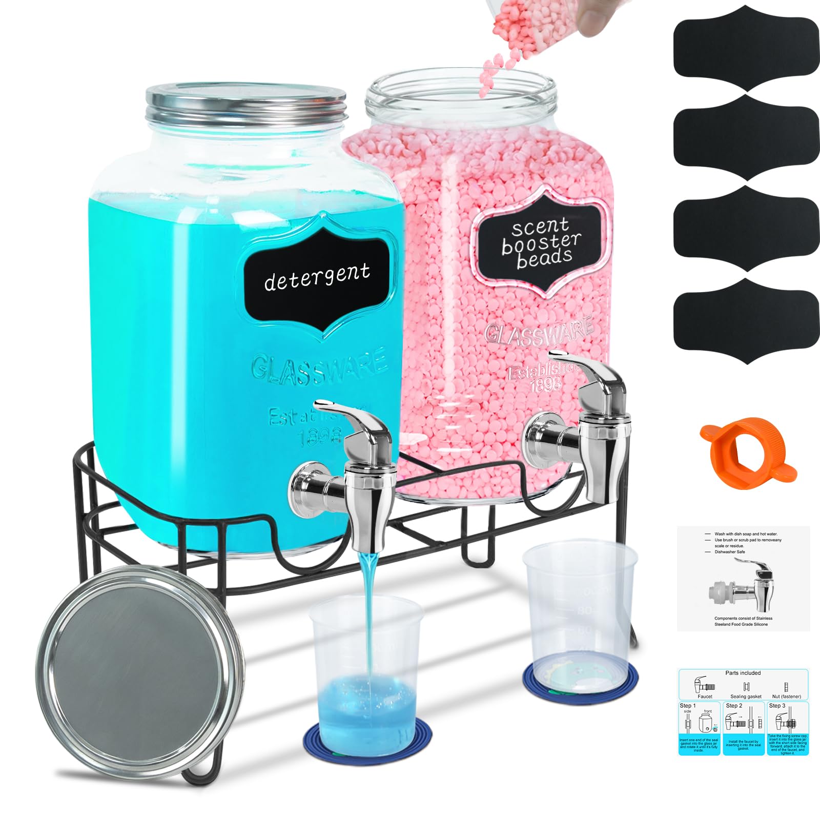 2-Pack 1 Gallon Glass Laundry Detergent Dispenser Set with Bamboo Lids and Stand - Liquid Soap and Fabric Softener Dispensers with Spigots, Cups, Labels and Mats, Laundry Room Organization and Storage