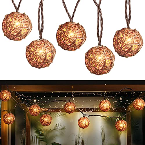 LIDORE 10 Counts Brown Rattan Balls String Light. Warm White Light Brown Cord for Patio Garden and Summer Party