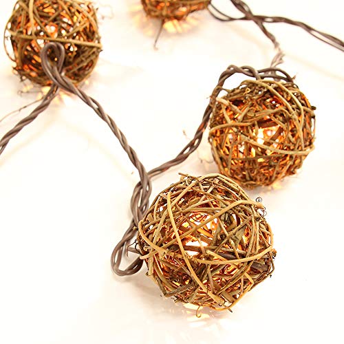 LIDORE 10 Counts Brown Rattan Balls String Light. Warm White Light Brown Cord for Patio Garden and Summer Party
