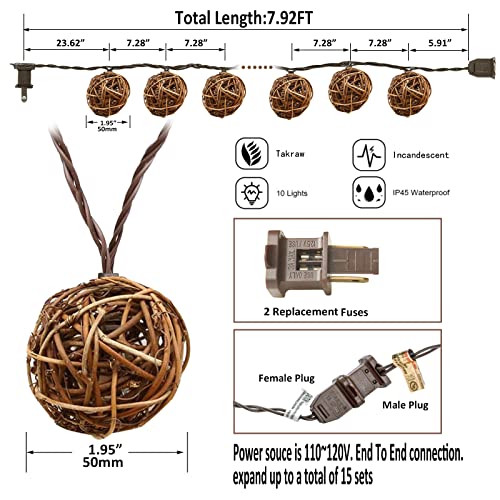 LIDORE 10 Counts Brown Rattan Balls String Light. Warm White Light Brown Cord for Patio Garden and Summer Party