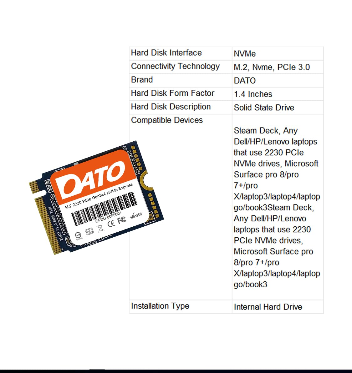 DATO 1TB SSD M.2 2230, NVMe 1.3 PCIe Gen3x4, Internal Solid State Drive, Up to 2500/1700 MB/s, DP330 Series
