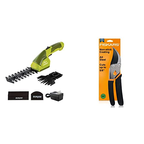 Sun Joe HJ604C 7.2-Volt 2-in-1 1250-RPM Cordless Grass Shear/Shrubber Handheld Trimmer, Rechargeable On-Board Lithium-Ion Battery and Charger Included & Fiskars Gardening Tools
