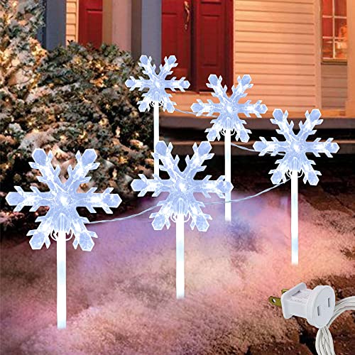 WATERGLIDE Set of 5 Snowflake Christmas Pathway Lights Outdoor, 9" x 23" Large Snowflake Lights Pathway Marker, Plug in Holiday Garden Decorative Lights with Stakes for Walkway Patio Yard Xmas Decor
