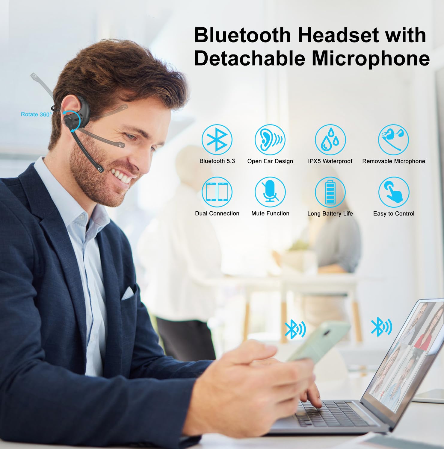 iDIGMALL Bluetooth Headset with Detachable Microphone, Multi-Point Wireless Headset w/DSP Noise Canceling Mic for Phone PC Laptop, Comfort & Light Open Ear headphones for Office Meeting Home Work, 12H