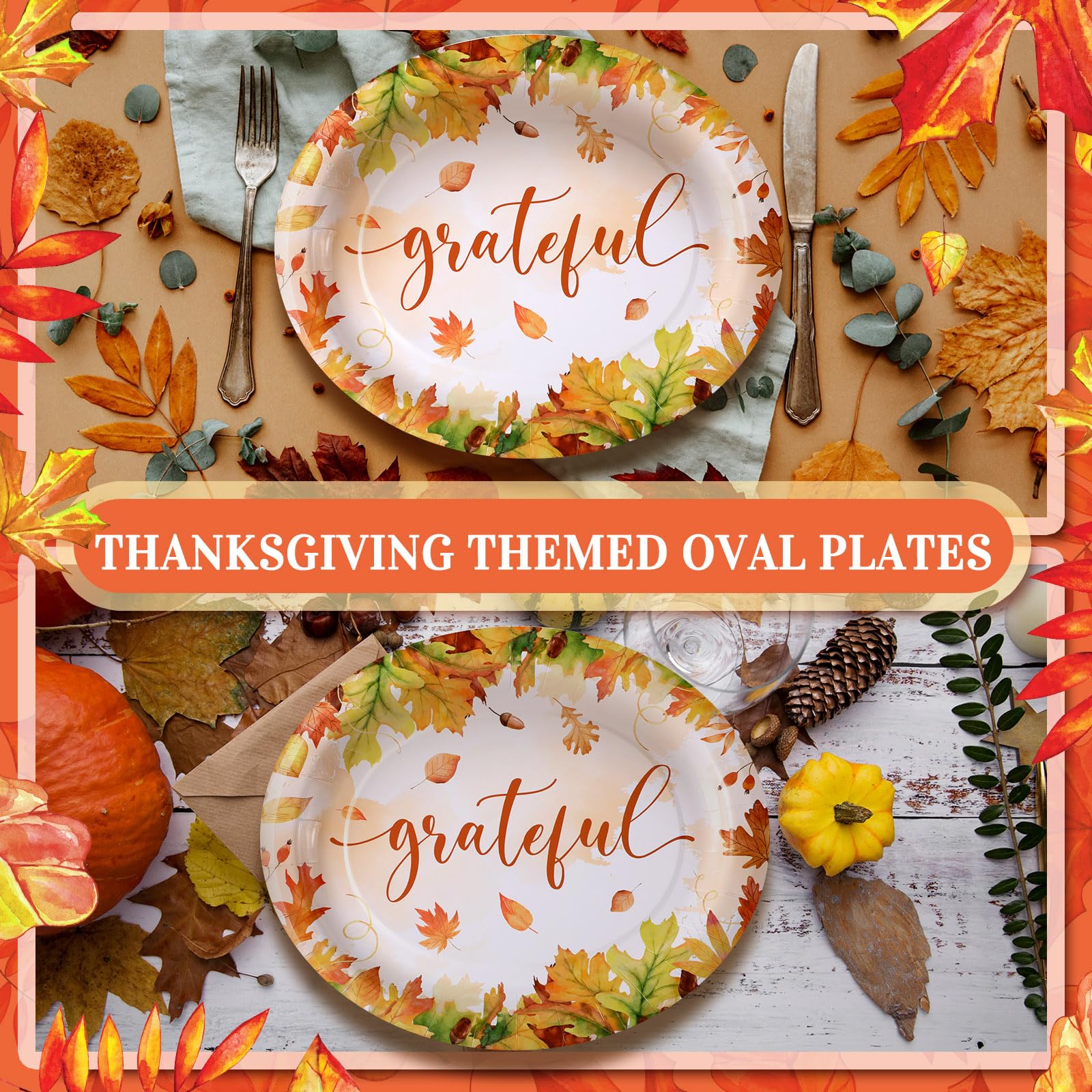 Tioncy 50 Pcs Thanksgiving Plates Thanksgiving Dinnerware 10'' x 12'' Fall Leaves Oval Plates Disposable Dinner Plates Bulk Fall Decoration Gift Disposable Paper Plates Set for Autumn Birthday Party