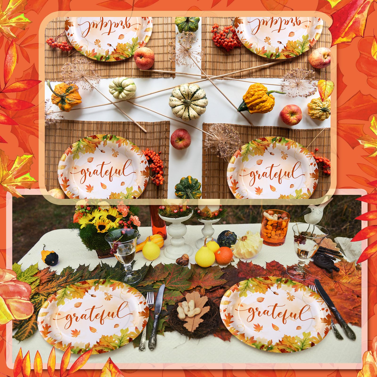 Tioncy 50 Pcs Thanksgiving Plates Thanksgiving Dinnerware 10'' x 12'' Fall Leaves Oval Plates Disposable Dinner Plates Bulk Fall Decoration Gift Disposable Paper Plates Set for Autumn Birthday Party